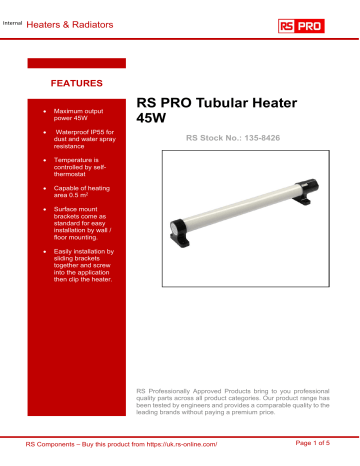 RS PRO 135-8426 45W Tubular Heater Owner’s Manual | Manualzz