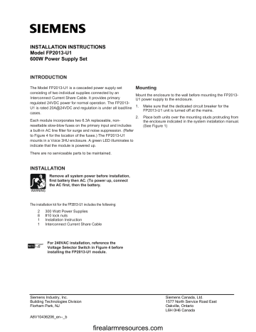 SIEMENS FP2013-U1 600W Power Supply Set Instruction manual | Manualzz