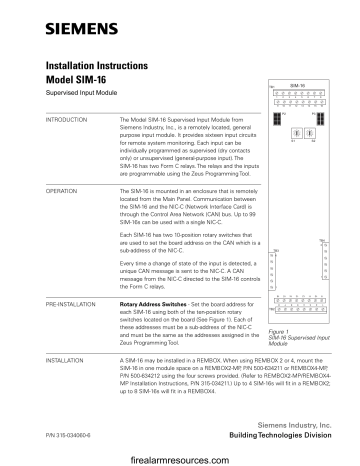 SIEMENS SIM-16 Supervised Input Module Instruction manual | Manualzz