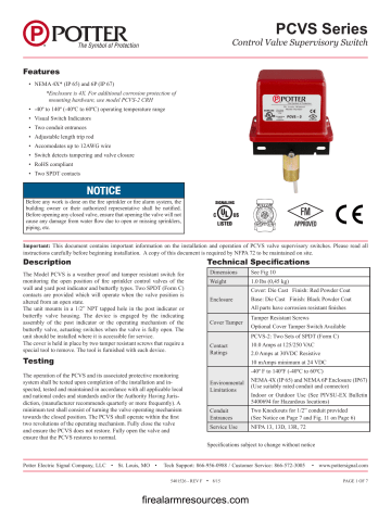 POTTER PCVS Series Control Valve Supervisory Switch Owner’s Manual ...
