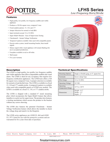 POTTER LFHS Series Low Frequency Horn-Strobe Owner’s Manual | Manualzz