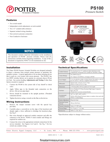 POTTER PS100 Pressure Switch Owner’s Manual | Manualzz