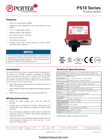 POTTER PS10 Series Pressure Type Waterflow Switch Canada Owner’s Manual | Manualzz