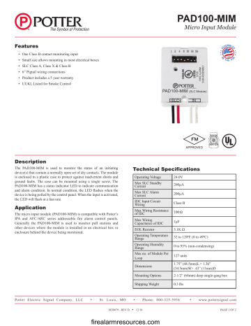 POTTER PPAD100-MIM Micro Input Module Owner’s Manual | Manualzz