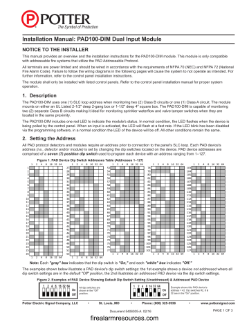 POTTER PAD100-DIM Dual Input Module Instruction manual | Manualzz