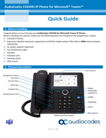 AudioCodes C455HD for Microsoft Teams IP Phone User Guide | Manualzz