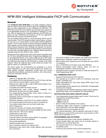 NOTIFIER NFW-50X Intelligent Addressable FACP Owner’s Manual | Manualzz