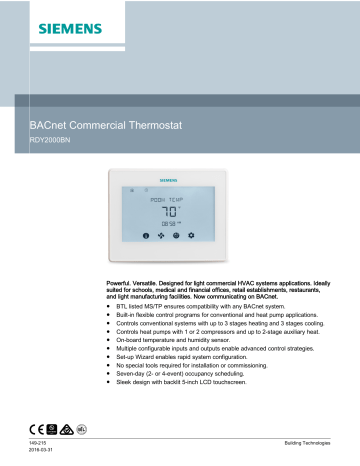 SIEMENS RDY2000BN BACnet Commercial Thermostat User Manual | Manualzz