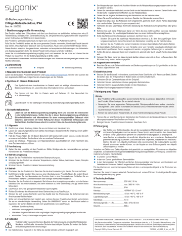 Sygonix 2 Way Garden Socket IP44 Weatherproof Power Strip Instruction ...