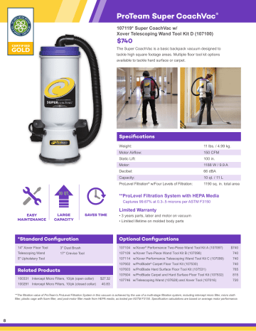ProTeam 107119 Super CoachVac Commercial Backpack Vacuum User Manual ...