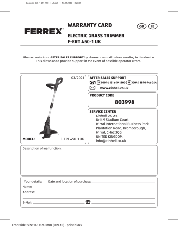 FERREX F-ERT 450-1 Electric Lawn Trimmer Instructions | Manualzz