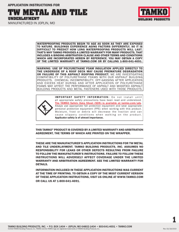 Tamko TW Metal and Tile Underlayment Application Instructions | Manualzz