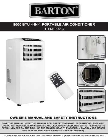 Barton 99913-H3 8,000 BTU 3-in-1 Portable Air Conditioner A/C Unit User ...
