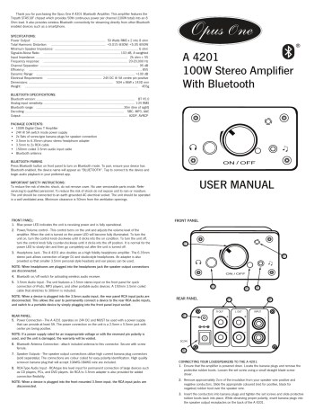 Opus One A4201 50W Stereo Bluetooth Amplifier Instructions | Manualzz