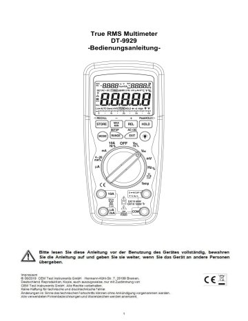 CEM DT-9929 Professional True RMS Industrial Digital Multimeters Bedienungsanleitung | Manualzz