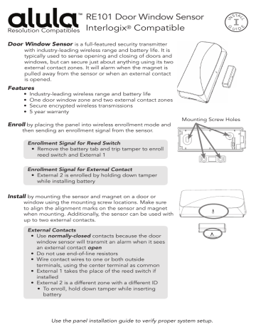 Alula RE101 Door Window Sensor Owner's Manual | Manualzz