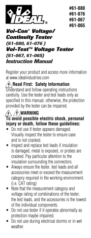 Ideal Industries 61-076 Vol-Con® 600V Tester Instruction manual | Manualzz