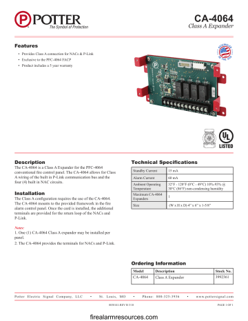 POTTER CA-4064 Class A Expander Instruction manual | Manualzz