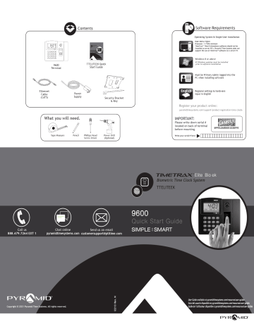PYRAMID 9600 TimeTrax Elite Bio ek Biometric Time Clock System User ...