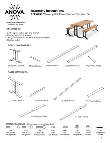 Anova RCPWT63 Wainwright 6' Picnic Table and Benches Set Assembly ...