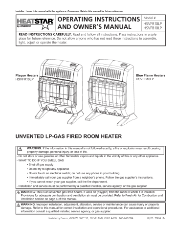 HeatStar HSSVFRD10LPT Vent Free PropaneHeater Owner's Manual | Manualzz