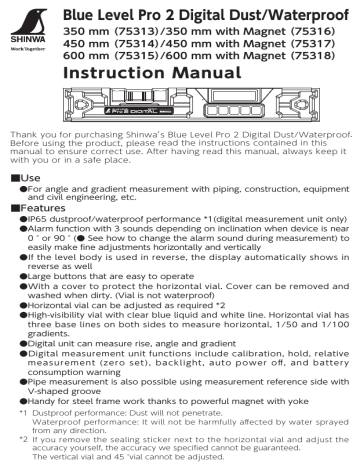 Shinwa 75317 Blue Level Pro 2 Digital Owner's Manual | Manualzz