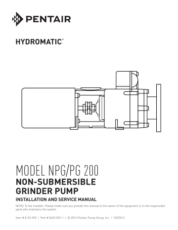 Hydromatic NPG/PG 200 Non-Submersible Grinder Pump Service Manual | Manualzz