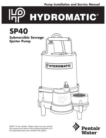 Hydromatic SP40 Submersible Sewage Ejector Pump Owner's Manual | Manualzz
