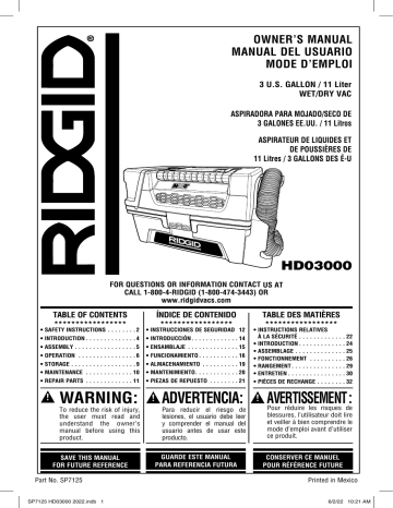 Ridgid Owners Owner's Manual | Manualzz