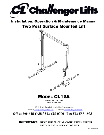 Challenger Lifts CL12A Product Manual | Manualzz