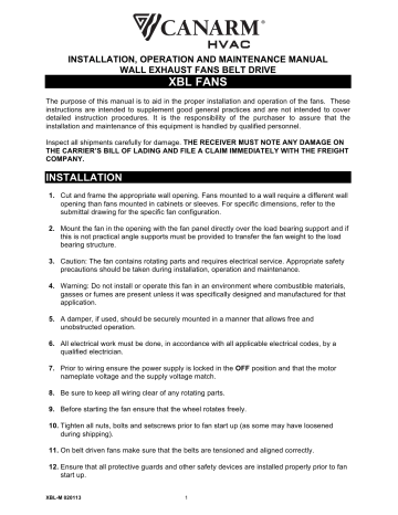 Canarm Belt Drive Wall Exhaust Fan Owner's Manual | Manualzz