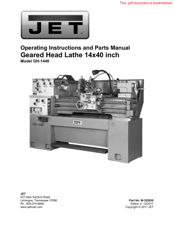 JET GH-1440-3 Geared Head Lathe Owner's Manual | Manualzz