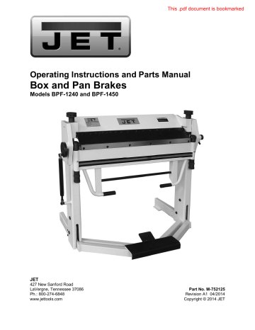 JET Box and Pan Brake Operating Instructions And Parts Manual | Manualzz