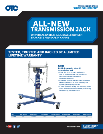 OTC TJH10 High-Lift Transmission Jack Owner's Manual | Manualzz