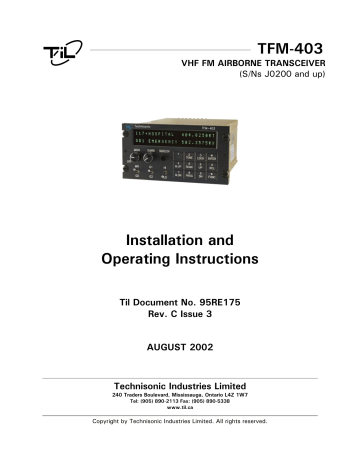 Technisonic TFM-403 Installation and Operating Instructions | Manualzz