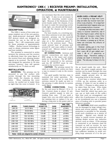 Hamtronics LNK MOSFET Low-noise Preamp Owner's Manual | Manualzz