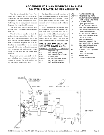 Hamtronics LPA6-25R 25w Repeater Power Amplifier Owner's Manual | Manualzz