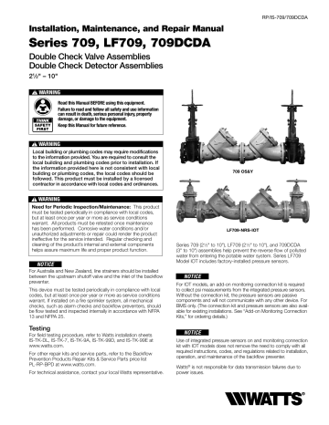 Watts LF709 Lead Free* Double Check Valve Assembly Backflow Preventers Repair manual | Manualzz