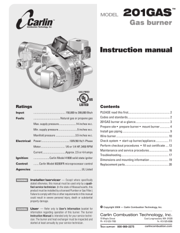 Carlin Combustion Technology 201 GAS Installation Manual | Manualzz
