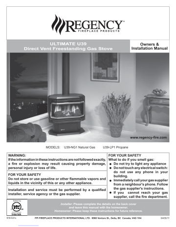 Regency Ultimate U39-LP1 Owners & Installation Manual | Manualzz