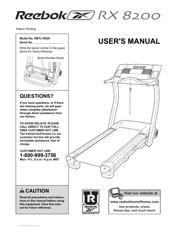 Reebok RX 8200 treadmill RBTL18920 User`s manual | Manualzz
