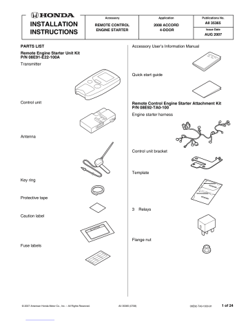 Honda 08E91-E22-100A Remote Engine Starter Kit Installation Manual | Manualzz