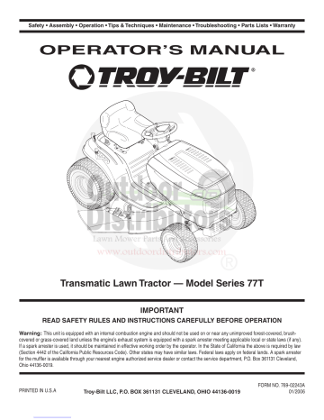 Adjusting Your Lawn Tractor. Troy-Bilt 77T, Shift-On-The-Go 779 ...