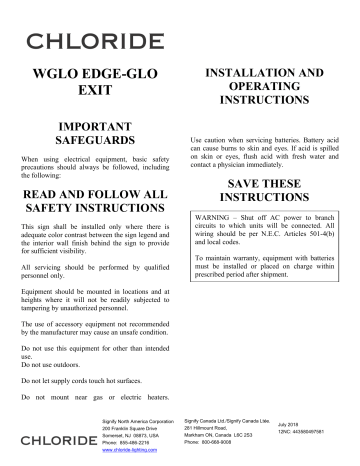 Chloride Edge-Glo Edge-Lit LED Exit Sign Install instructions | Manualzz