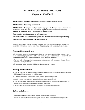Kmart 43050628 Hydro Pro Scooter Instruction Manual | Manualzz