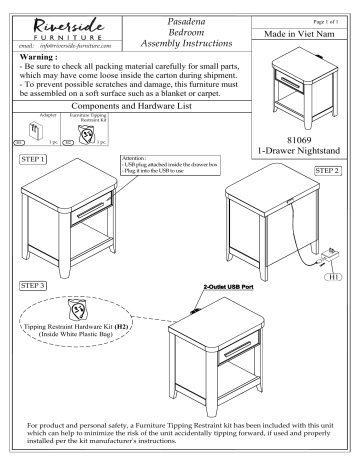 Riverside Furniture 81069 One Drawer Nightstand Assembly Instructions ...
