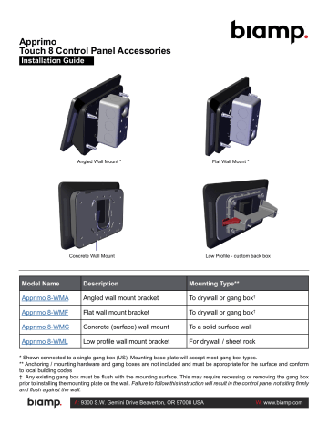 Biamp Apprimo Touch 8 Control Panel Mounting Accessories Manual | Manualzz