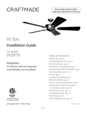 CRAFTMADE DCEP70 Indoor Ceiling Fan Installation Guide | Manualzz