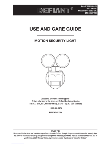 DEFIANT DFI-5852-BK Motion Security Light User Manual | Manualzz