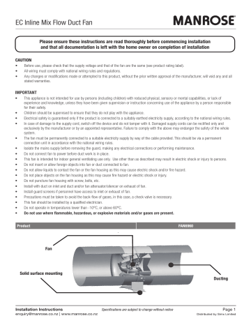 MANROSE PUB1474 EC Inline Mix Flow Duct Fan Instruction manual | Manualzz